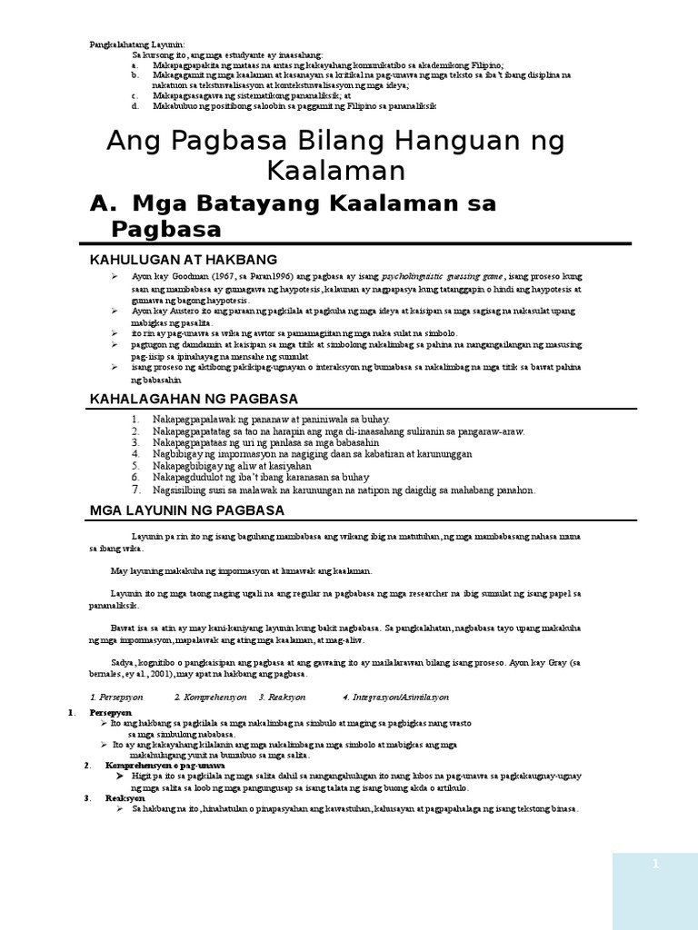 Hand Outs For Pagbasa | PDF
