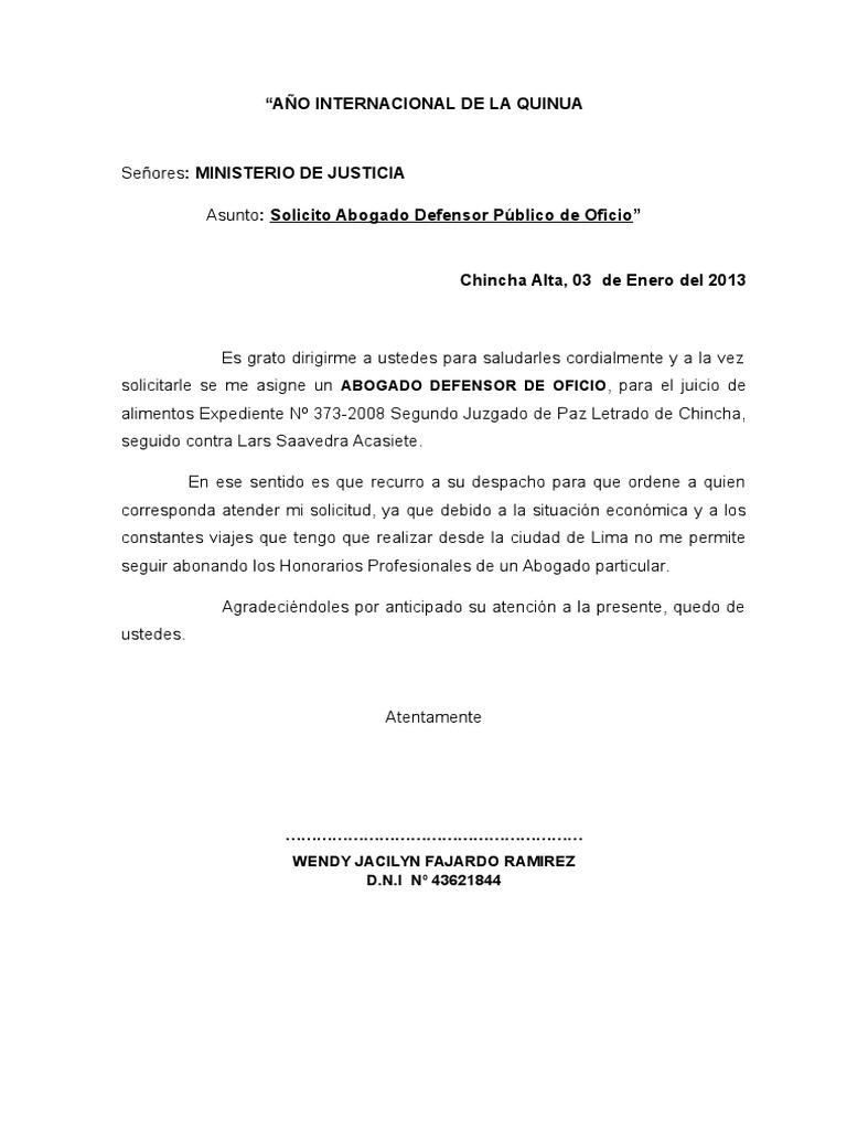 SOLICITUD Solicito Abogado Defensor Público de Oficio" | PDF