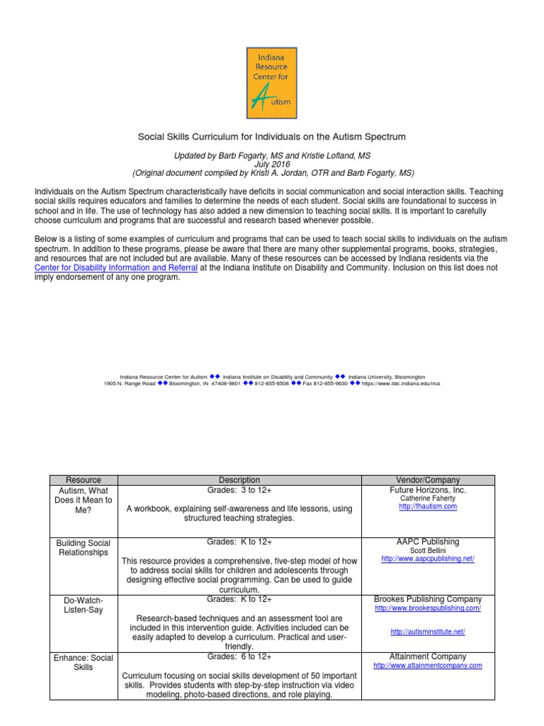 Social Skills Curriculum PDF | PDF | Autism | Social Skills