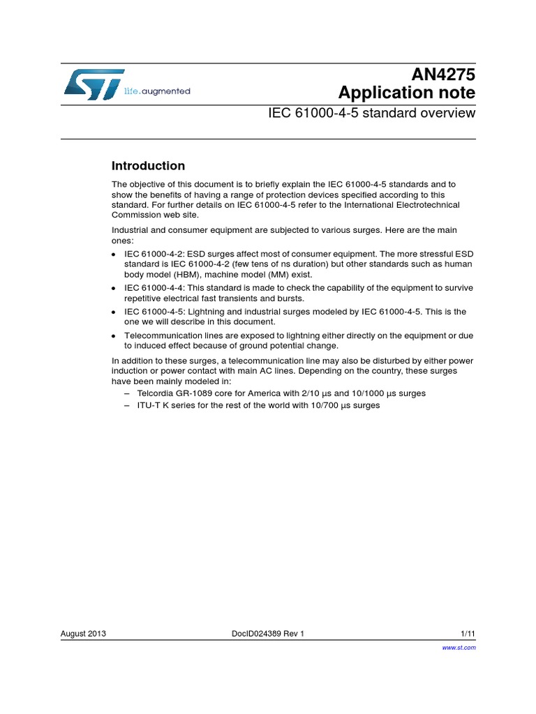 Stmicroelectronics Application Note An4275 Iec 61000 4 5 Standard Overview Pdf Pdf Power