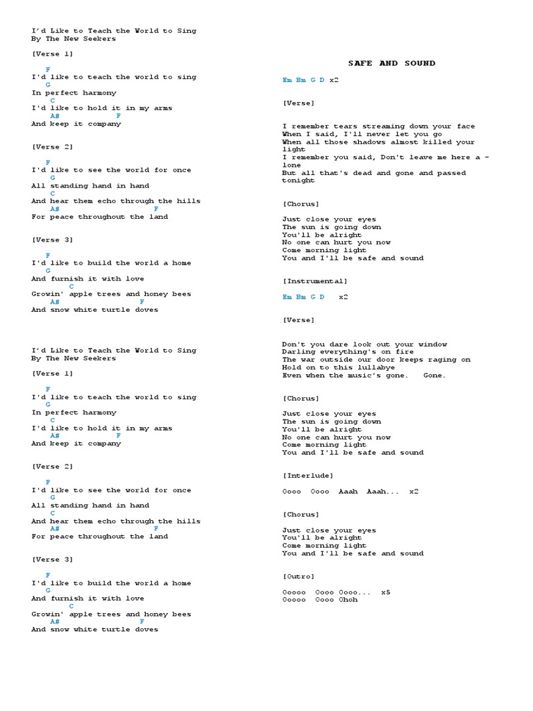"Lyrics: Teach the World & Safe and Sound" | PDF | Song Structure | Songs