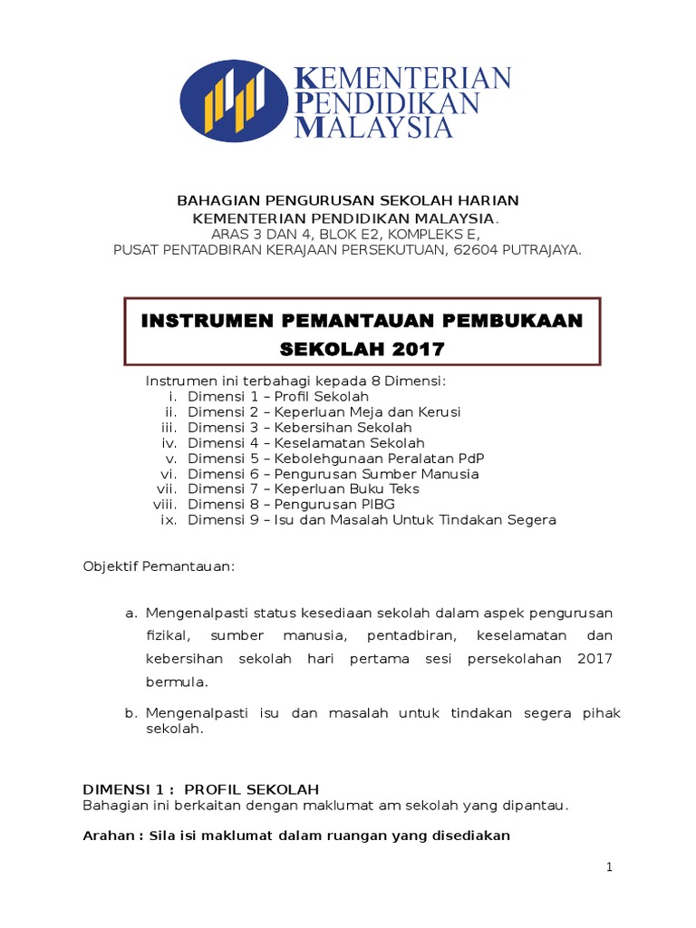 Instrumen Pemantauan Pembukaan Sekolah 2017 | PDF Instrumen Pemantauan Pembukaan Sekolah 2017 | PDF