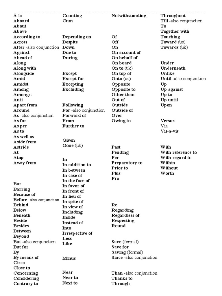 PHRASE Prepositions List of 150 JSL | PDF | Syntax | Grammar