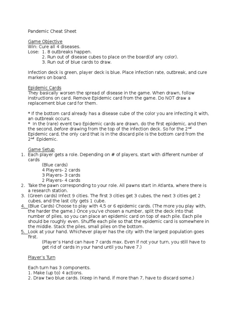 Pandemic Cheat Sheet | PDF | Leisure Activities | Tabletop Games