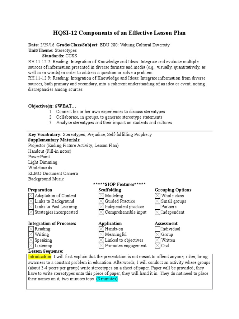 Edu 280 Lesson Plan Stereotypes | PDF
