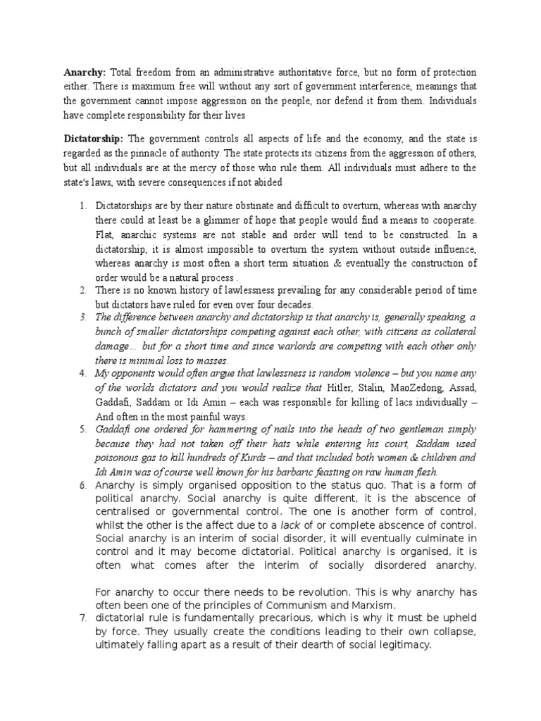 Anarchy Vs Dictatorship | PDF | Anarchy | Dictator