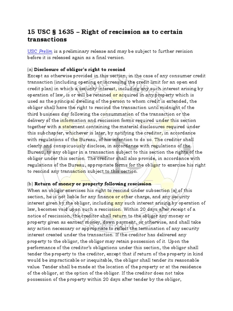 15 USC § 1635 – Right of Rescission as to Certain Transactions ...