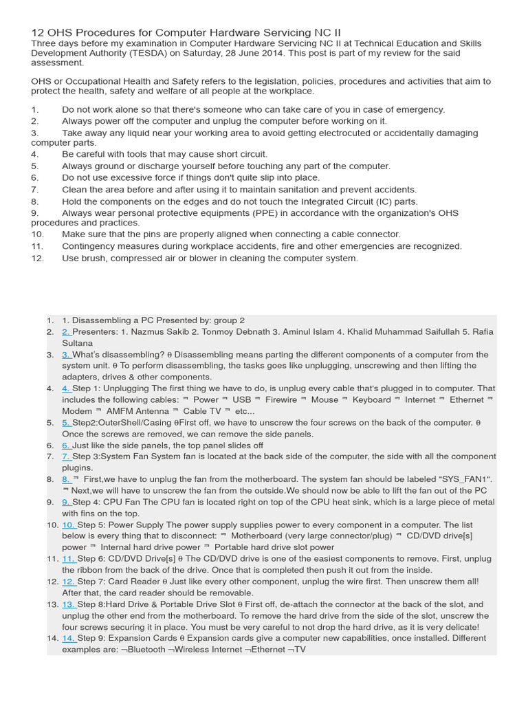 12 OHS for Computer Hardware Servicing | PDF | Occupational Safety And ...
