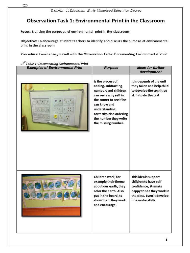 Observation Task 1 | PDF | Reading (Process) | Early Childhood Education