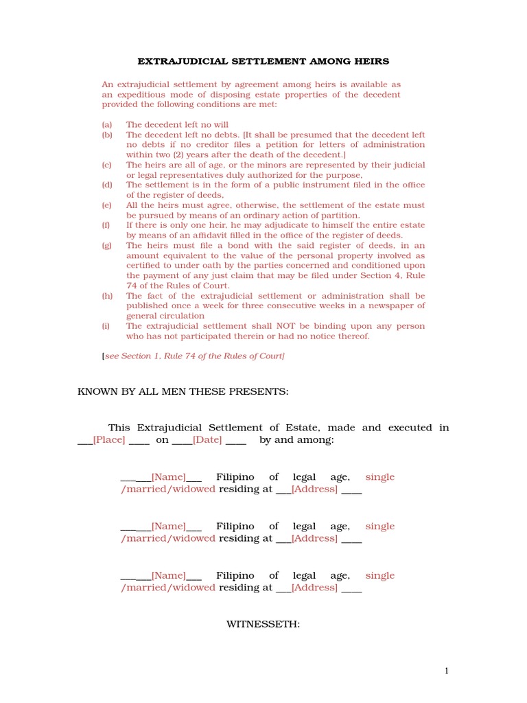 Extrajudicial Settlement Among Heirs (With Waiver Provision) | PDF | Deed | Inheritance