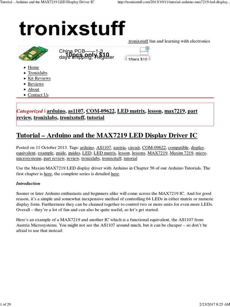 Tutorial - Arduino and The MAX7219 LED Display Driver IC | PDF | Electrical Components | Electronics