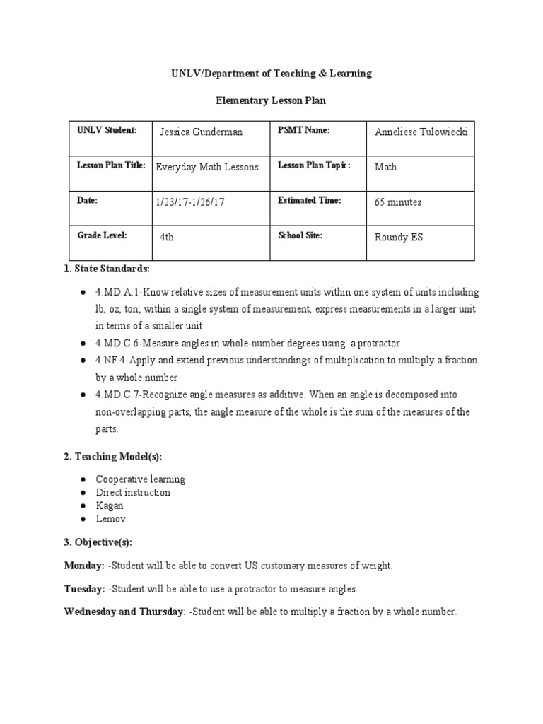 UNLV/Department of Teaching & Learning Elementary Lesson Plan | PDF ...
