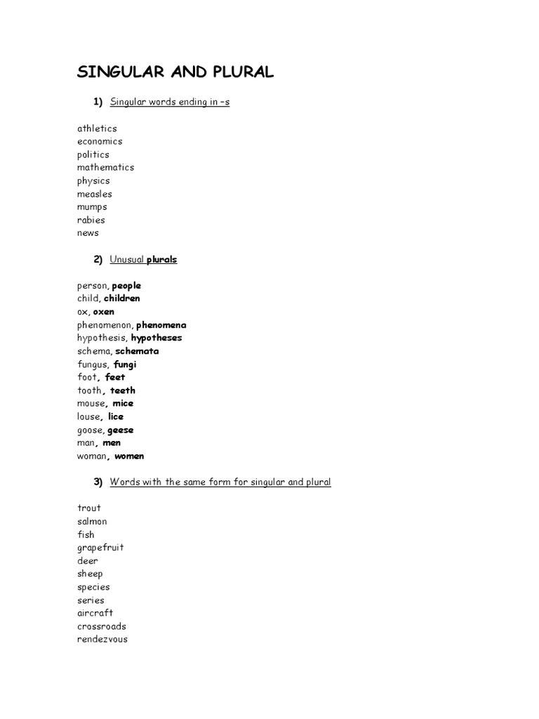 Singular and Plural: 1) Singular Words Ending in - S | PDF