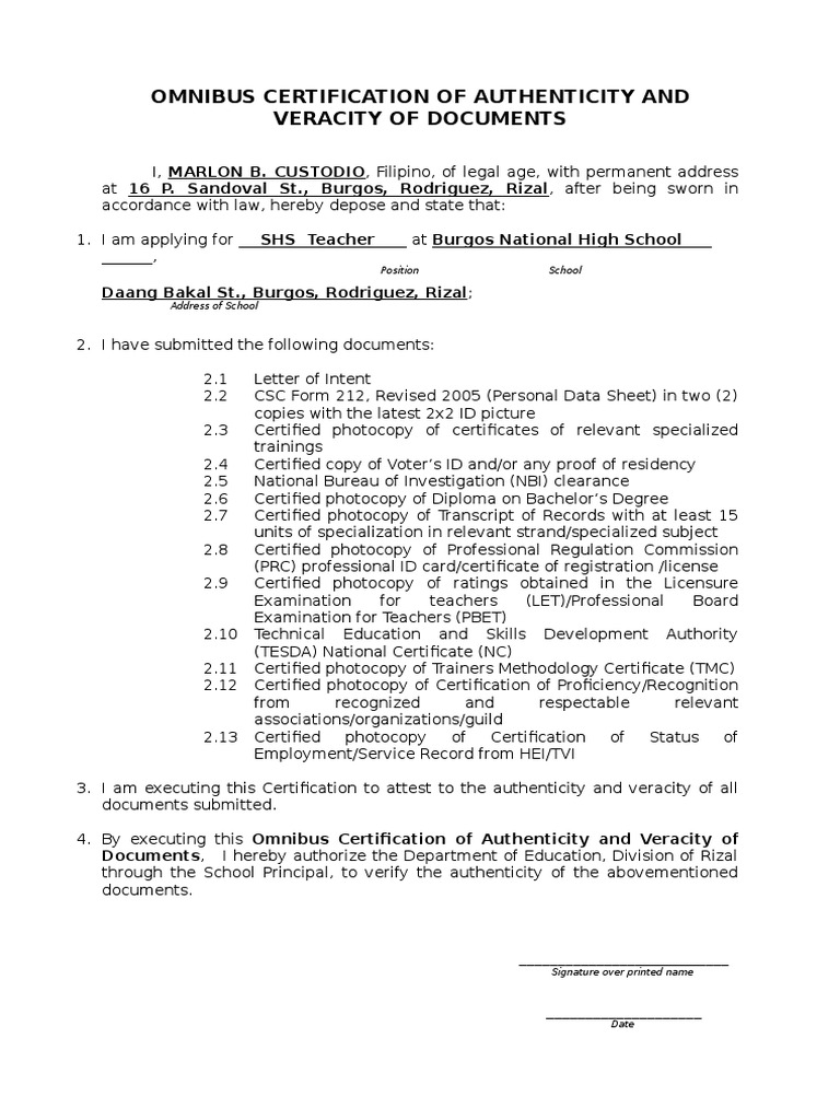 Omnibus Certification of Authenticity and Veracity of Documents (Senior ...