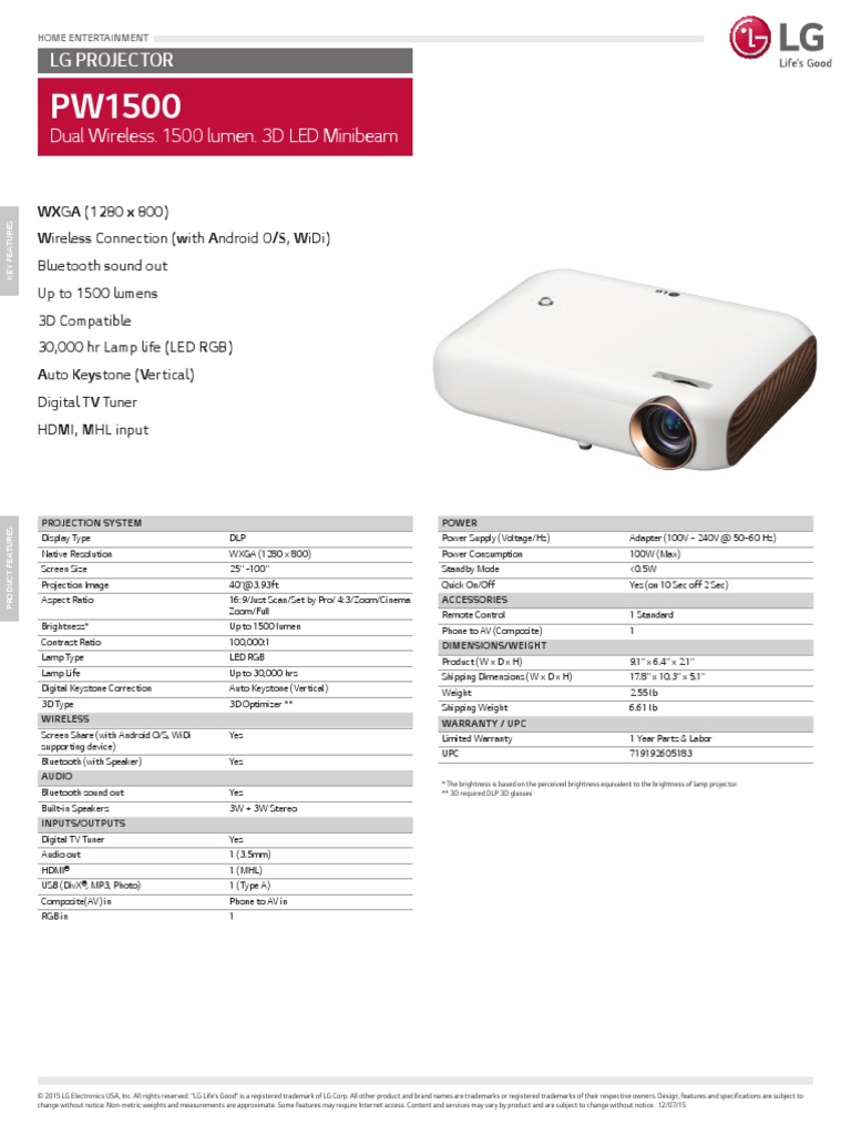 LG PW1500 1500 Lumen Minibeam LED Projector With Screen Share and ...