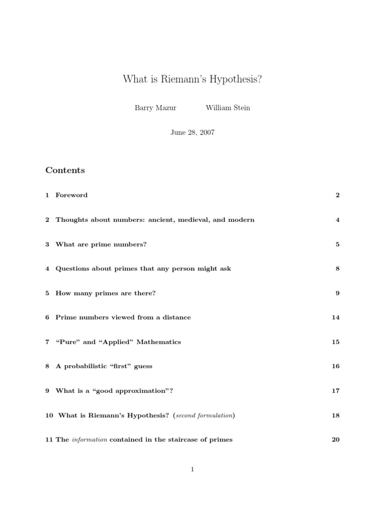What Is Riemann's Hypothesis - Barry Mazur, William Stein | PDF | Prime ...