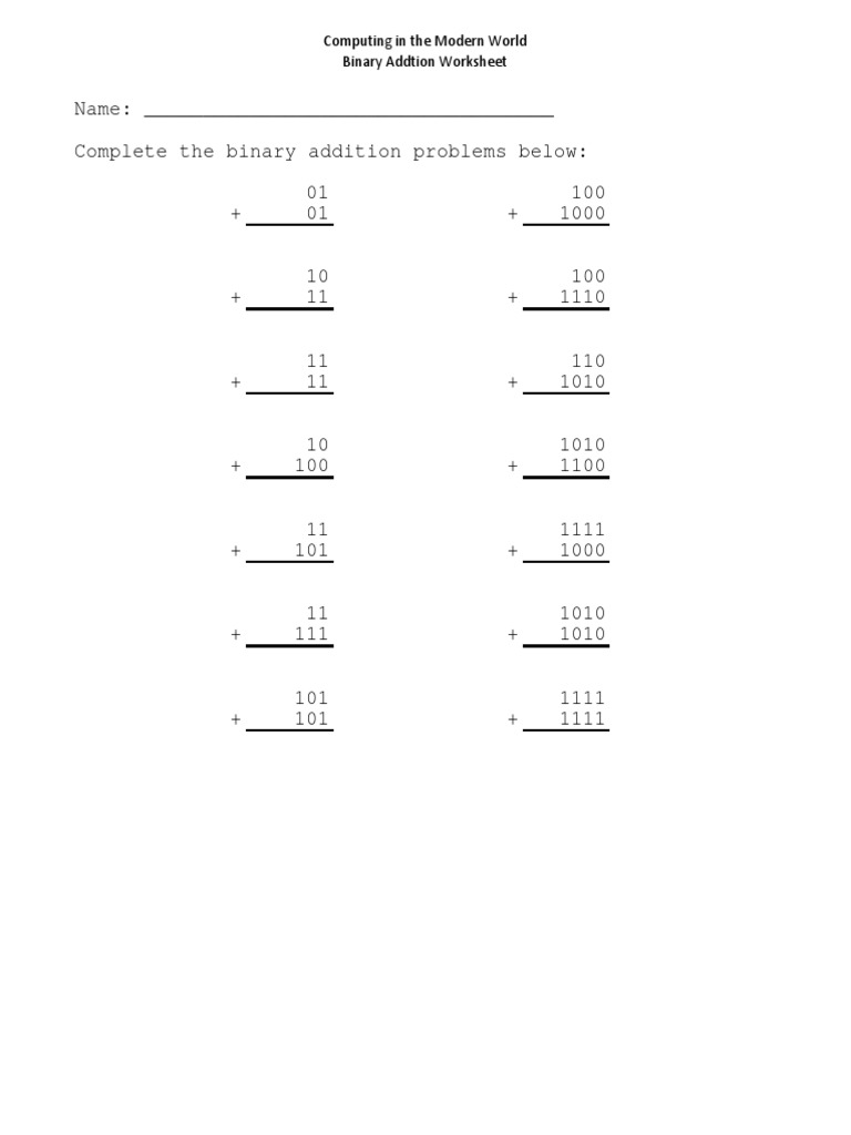 Binary Addition Worksheet | PDF