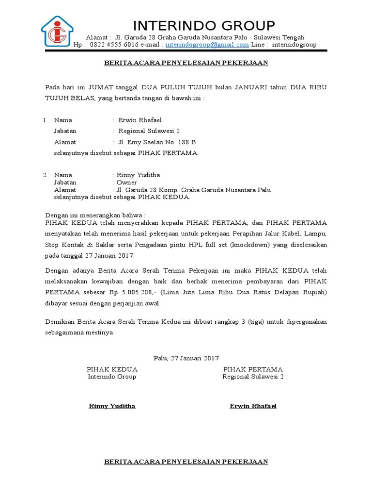 Contoh Format Berita Acara Penyelesaian Pekerjaan - Delinewstv