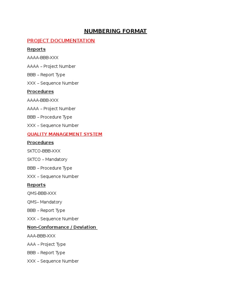 Numbering Format: Project Documentation | PDF