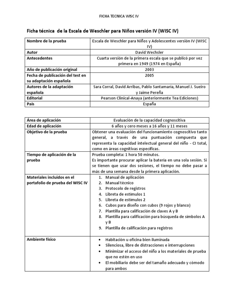 Detalles técnicos de la Escala de Weschler para Niños versión IV (WISC ...