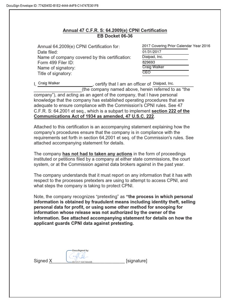 Dialpad CPNI 2016 Signed PDF | PDF | Social Engineering (Security ...