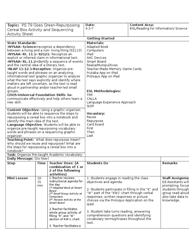 Cereal Box Repurpose Lesson Plan | PDF | Vocabulary | Reading (Process)