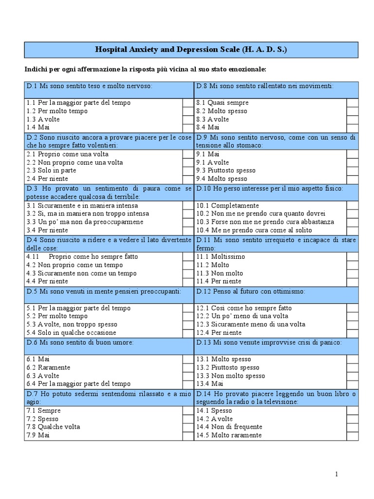 Hospital Anxiety and Depression Scale Italiano | PDF