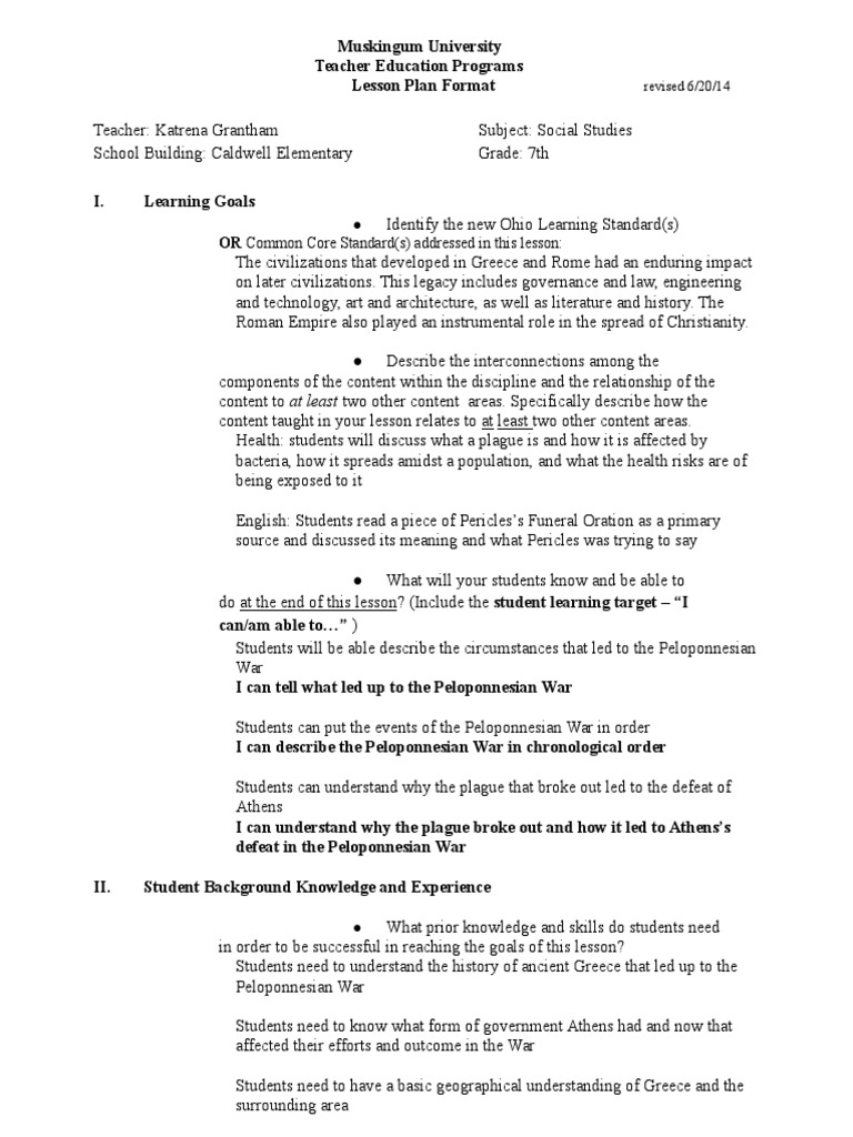 Peloponnesian War Mu Lesson Plan | PDF | Classroom | Teachers