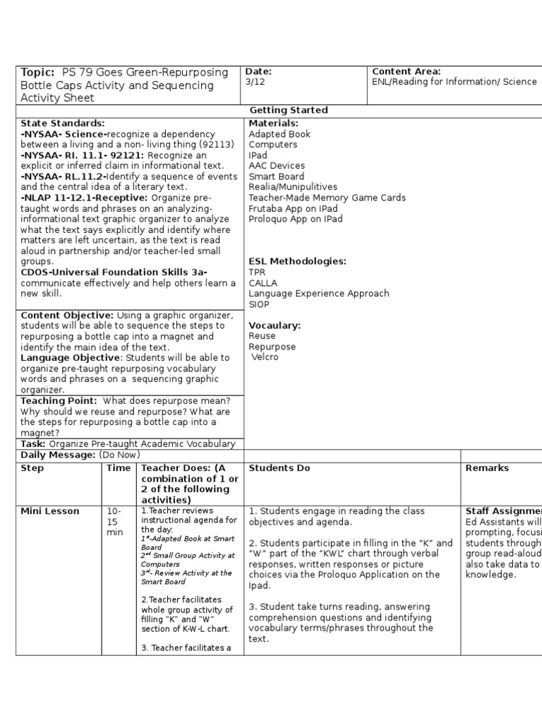 Bottle Cap Repurpose Lesson Plan | PDF | Reading Comprehension | Semiotics