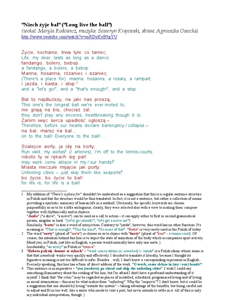 Niech Żyje Bal - Song Translation Polish-English | PDF | Plural | Grammatical Number