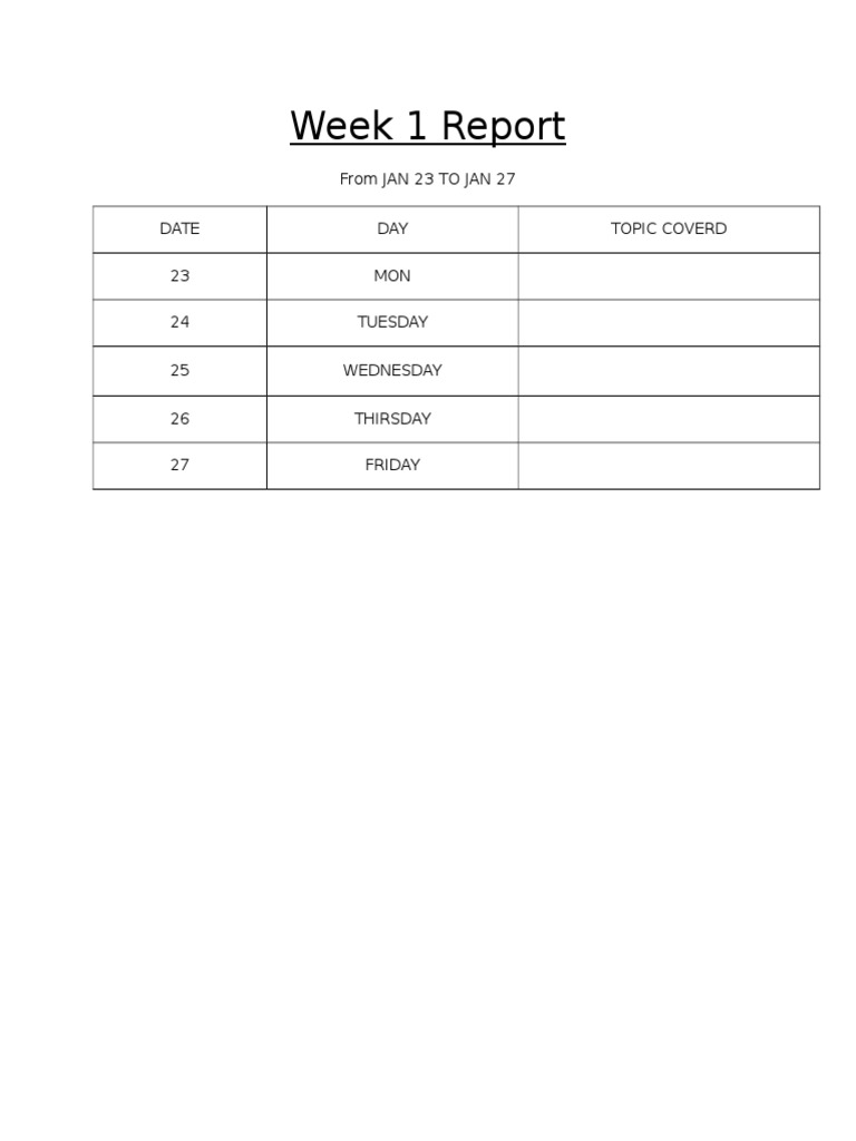 Week 1 Report: From JAN 23 TO JAN 27 Date DAY Topic Coverd 23 MON 24 ...