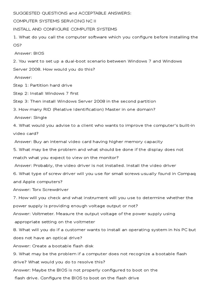 Css NC II Reviewer (Possible Questions and Answers) | PDF | Booting | Bios