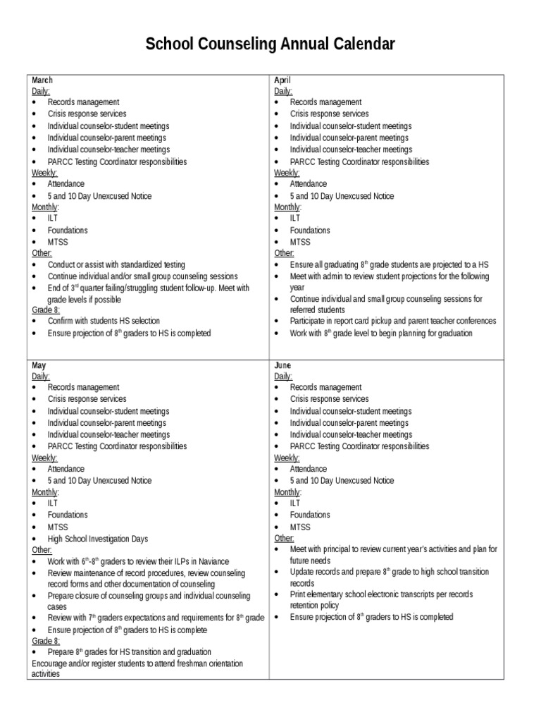 School Counseling 2nd Semester Calendar | PDF | Records Management ...