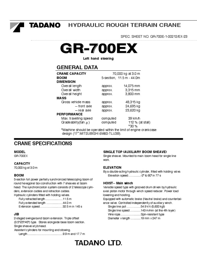 Tadano GR-700EX Crane Specifications | PDF | Transmission (Mechanics ...