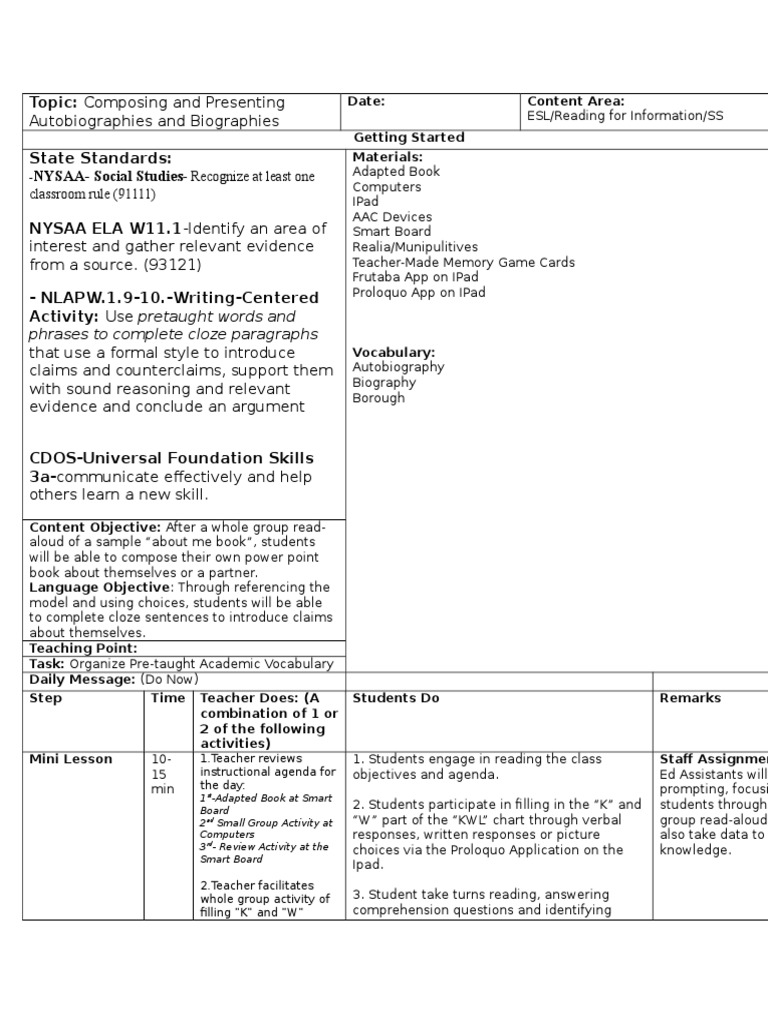 Autobiography Lesson Plan | PDF | Question | Teachers