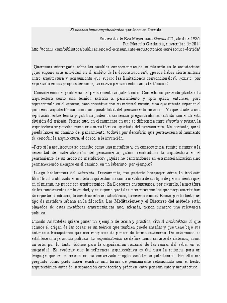 DERRIDA - El Pensamiento Arquitectónico | PDF | Deconstruccion | Metáfora