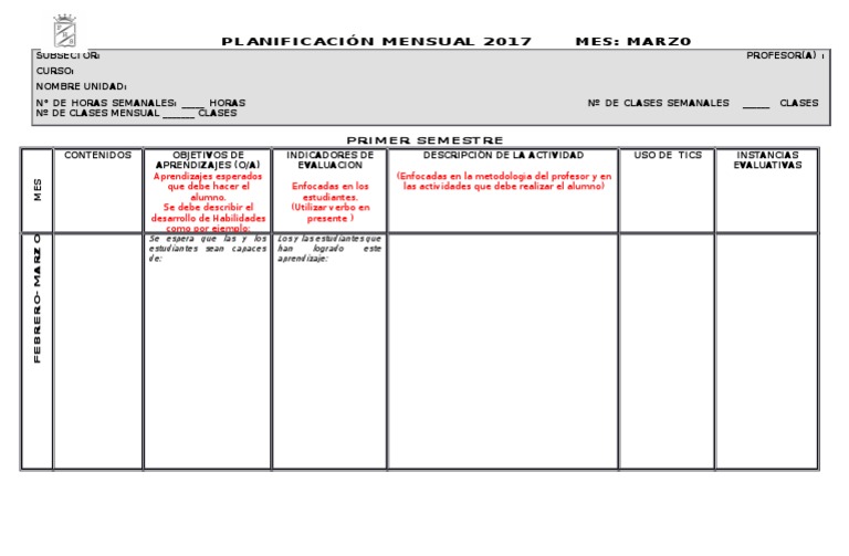Formato Planificación Mensual 2017 | PDF
