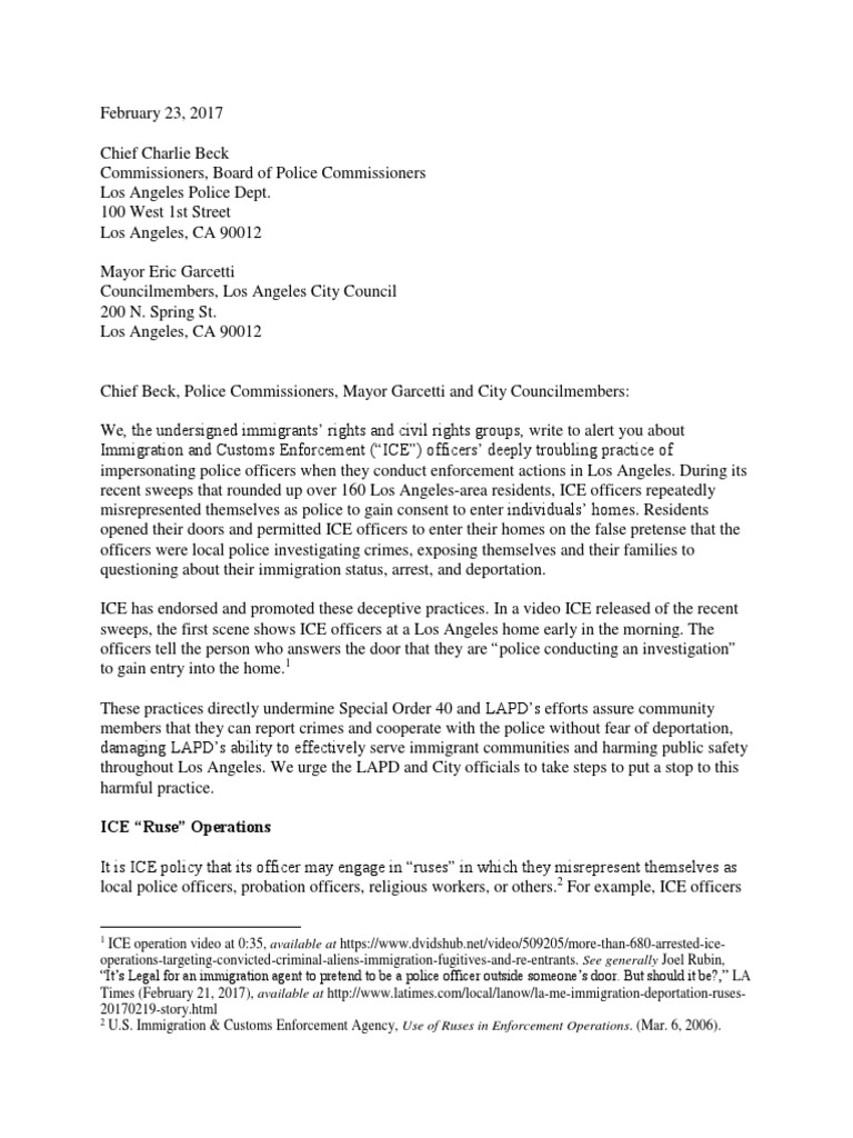 Letter To LAPD From A Coalition of Immigrants' Rights and Civil Rights ...
