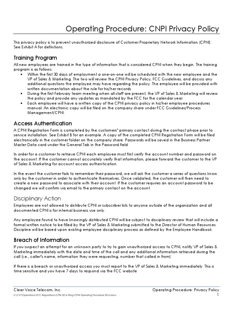 CPNI Operating Procedure 20161 PDF | PDF | Privacy Policy | Federal ...
