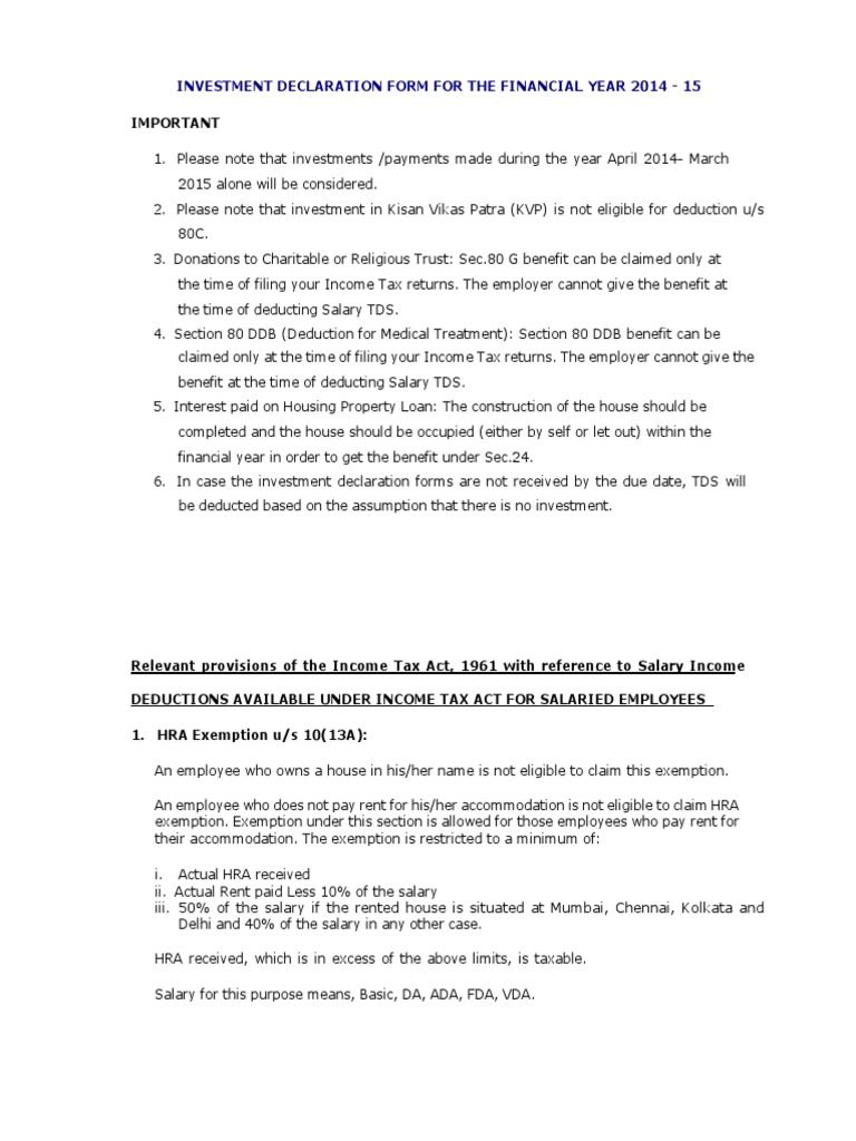 Investment Declaration Form For The Financial Year 2014 - 15 | PDF ...