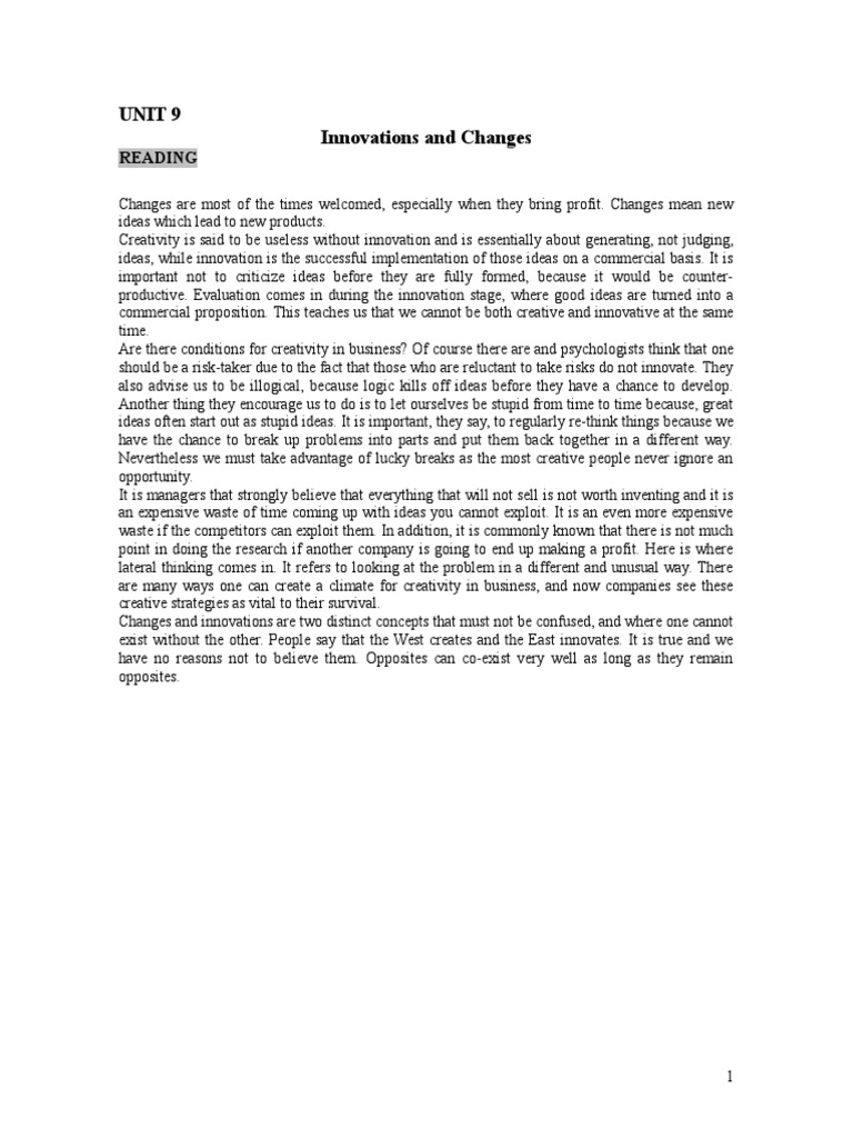 Unit 9 Innovations and Changes: Reading | PDF | Survey Methodology ...