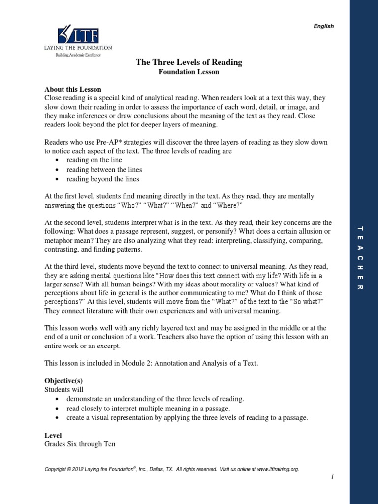 Foundation Lesson The Three Levels of Reading PDF | Download Free PDF ...