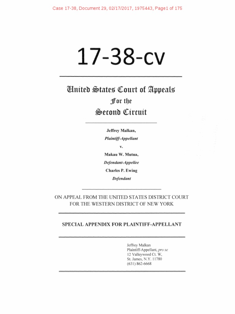 Malkan V Mutua Special Appendix 2-17-2017 | PDF | Complaint | Judgment ...