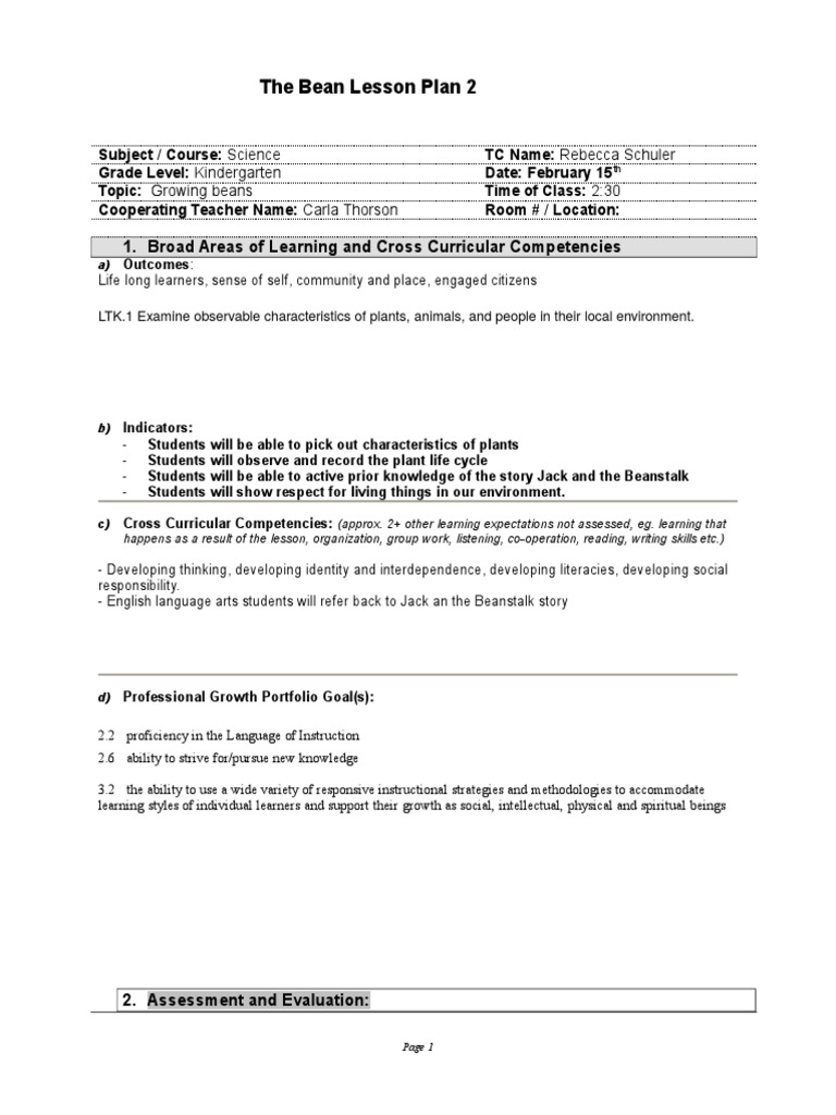 Bean Lesson Plan 2 | PDF | Educational Assessment | Curriculum