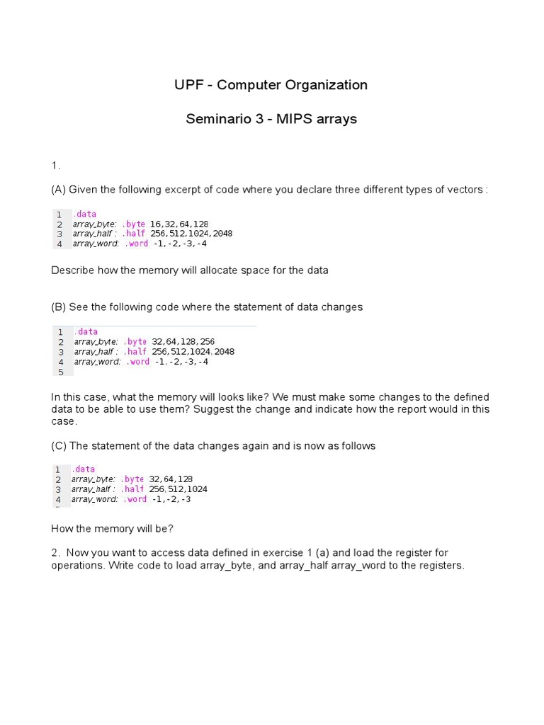 UPF - Computer Organization Seminario 3 - MIPS Arrays | PDF | Computers