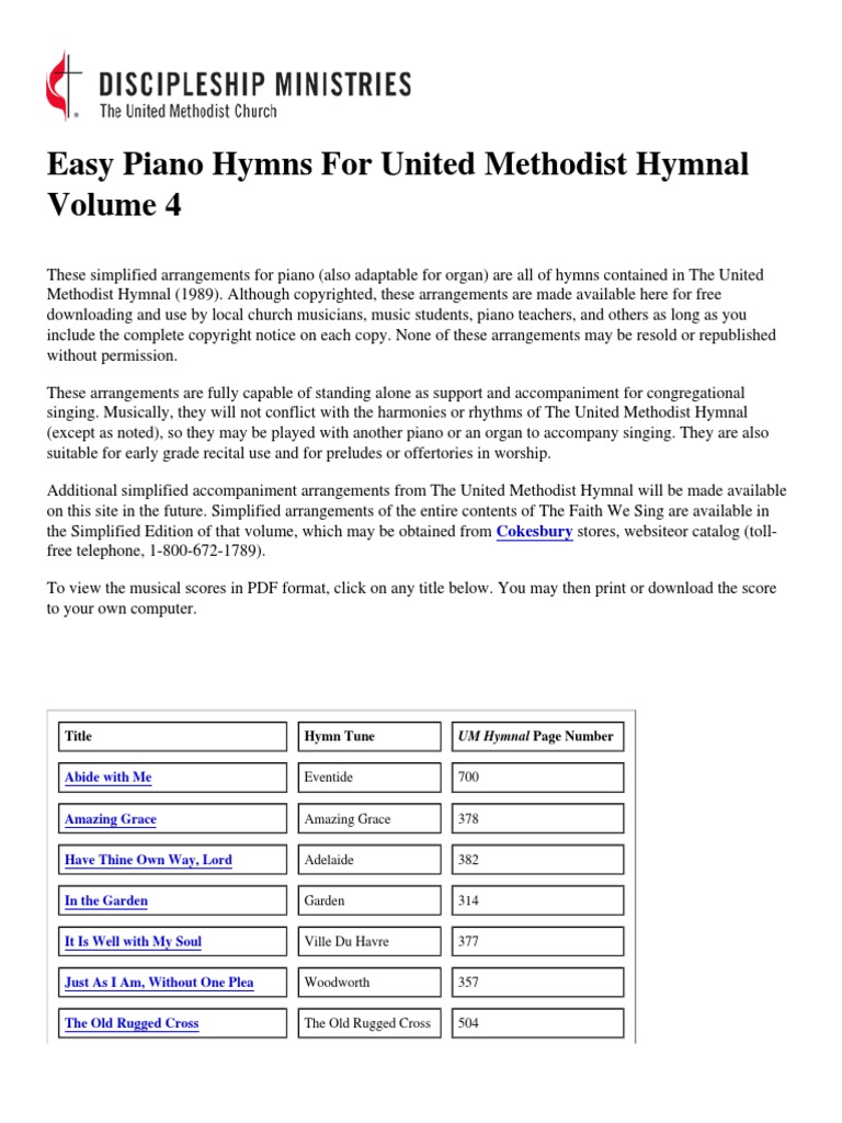 Easy Piano Hymns For United Methodist Hymnal Volume 4 | PDF