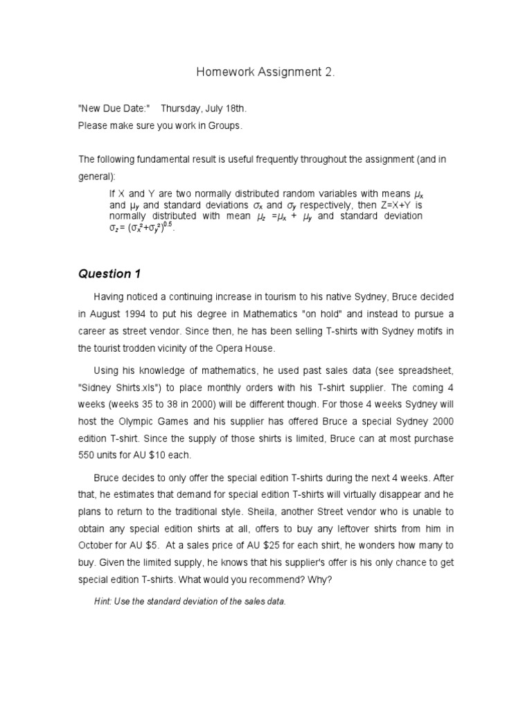 Homework Assignment 2.: Hint: Use The Standard Deviation of The Sales Data | Download Free PDF ...