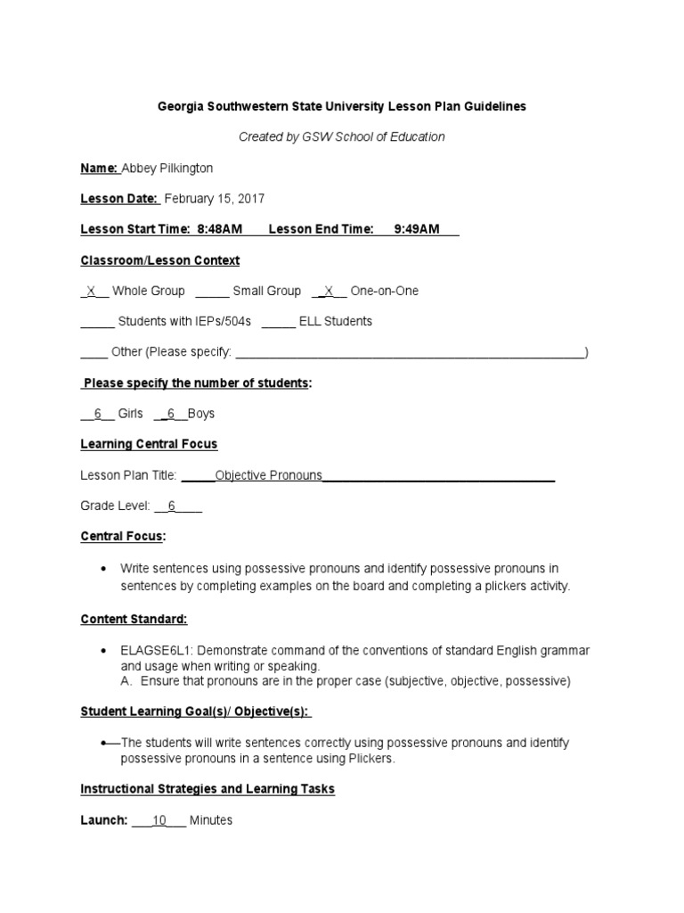 Possessive Pronouns Lesson Plan | PDF | Educational Assessment | Question