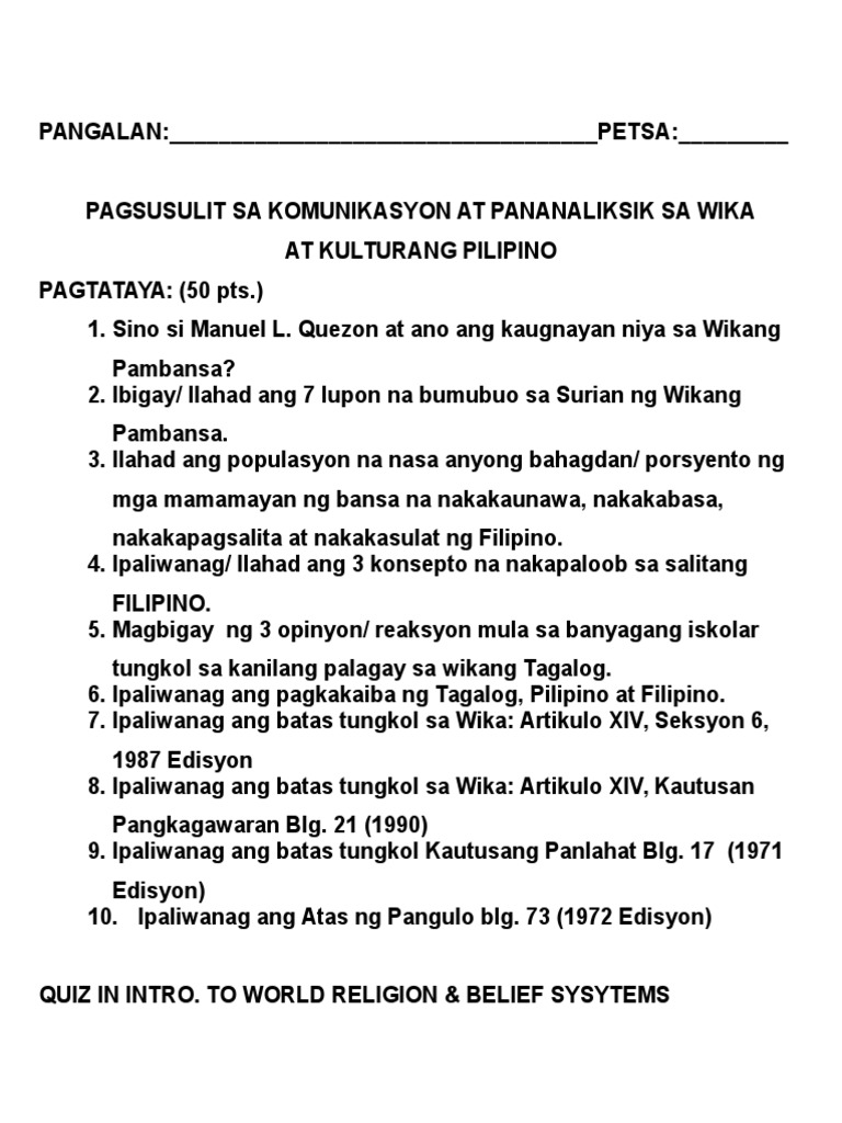 Pagsusulit Sa Komunikasyon at Pananaliksik Sa Wika at Kulturang ...