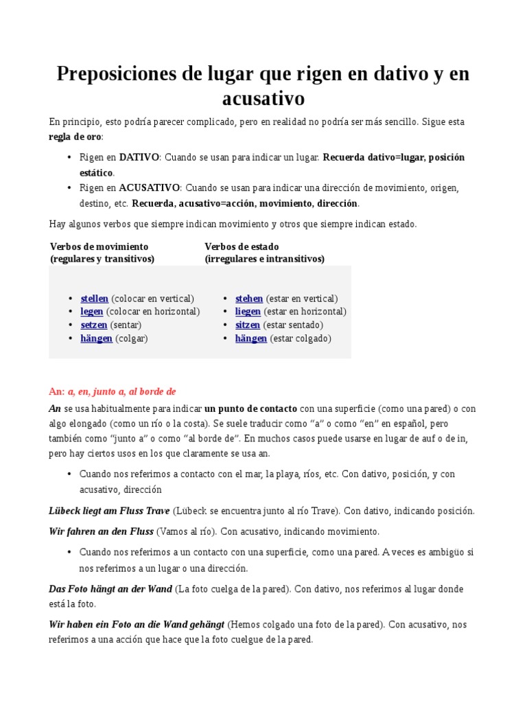 Preposiciones de lugar en alemán: dativo y acusativo | PDF | Verbo ...